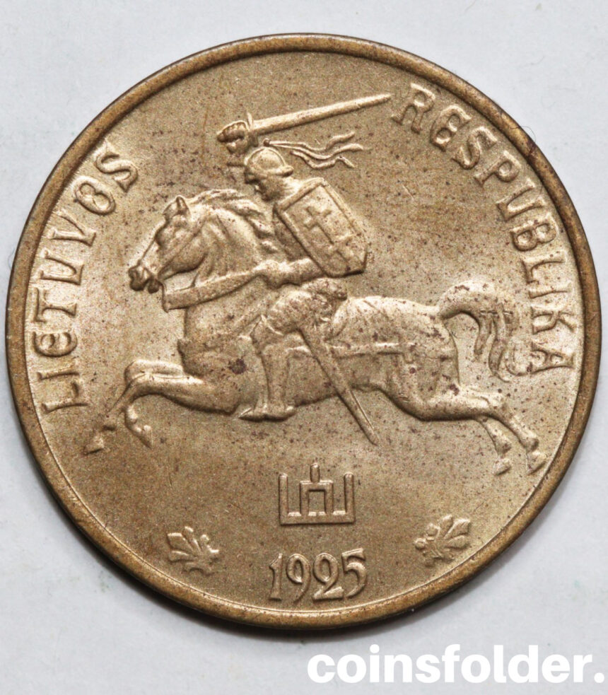 2 Litai 1925, Error - die crack on reverse, UNC • Coinsfolder