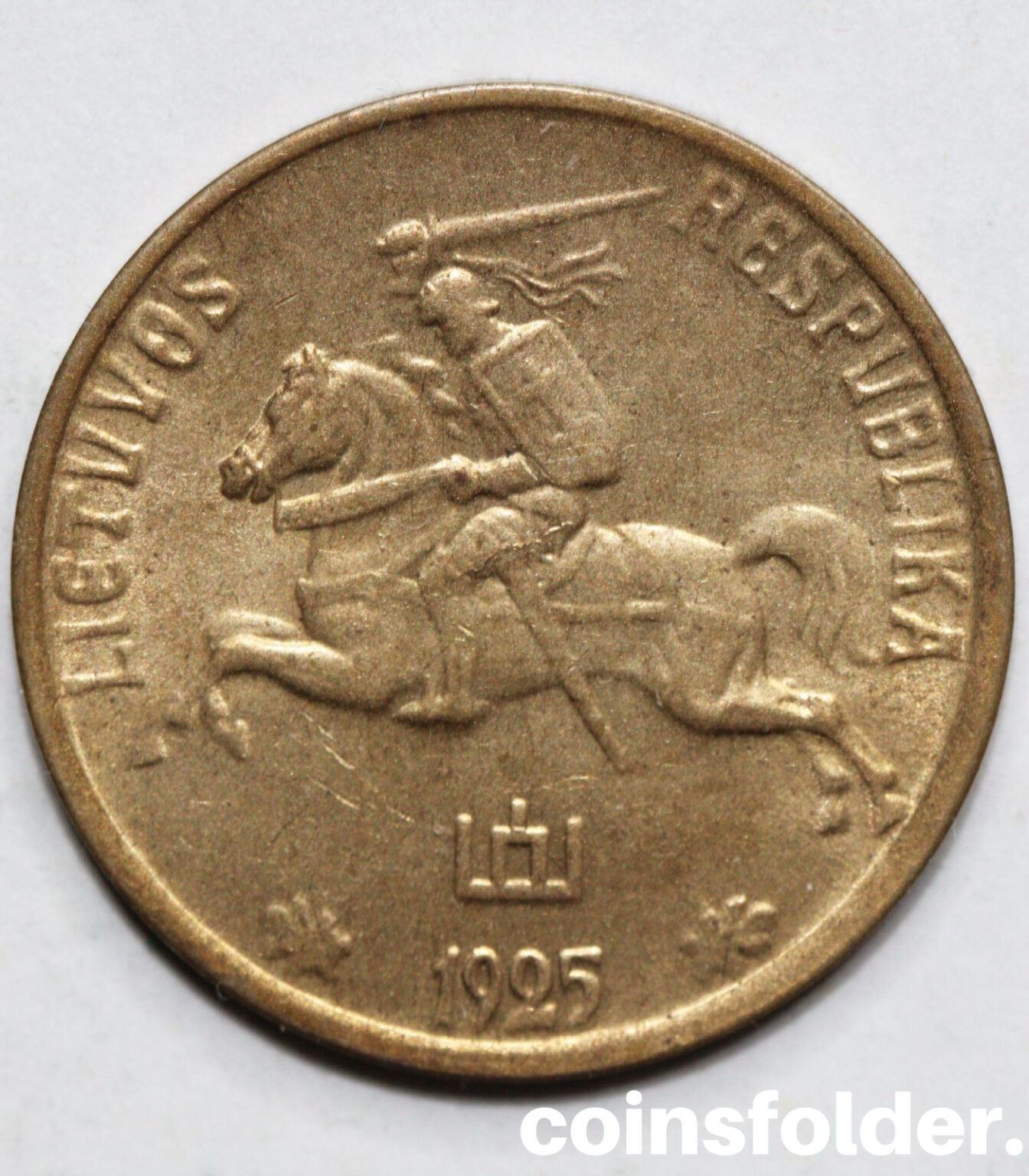 2 Litai 1925, Error - die crack on reverse, UNC • Coinsfolder